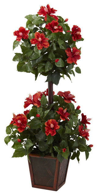 39" Hibiscus Topiary - Tropical - Artificial Flower Arrangements - by ...