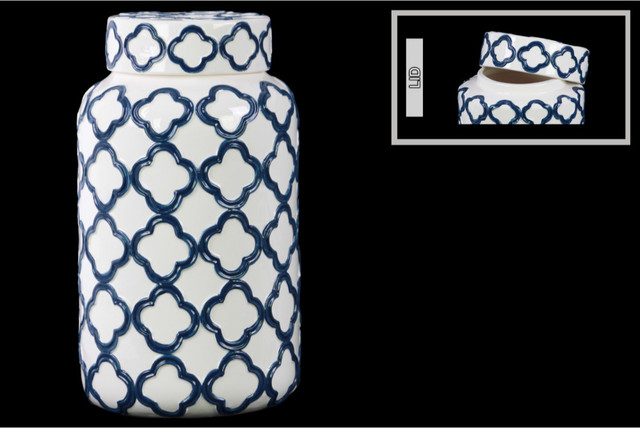 Lidded Ceramic Canister With Embossed Quatrefoil Design, Large, White ...