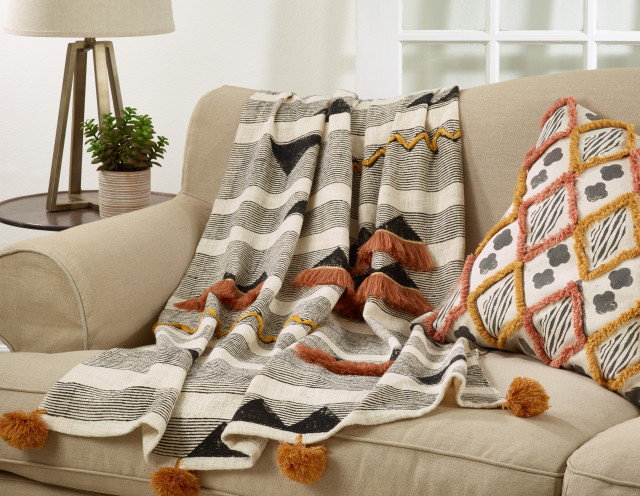 Embroidered Throw With Block Print Design - Contemporary - Throws - by ...
