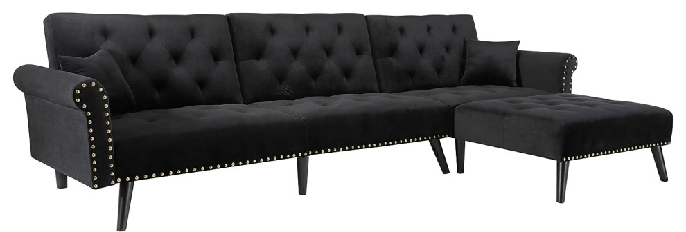 Modular Futon Sofa, Deep Tufted Velvet Seat & Scrolled Arms With ...