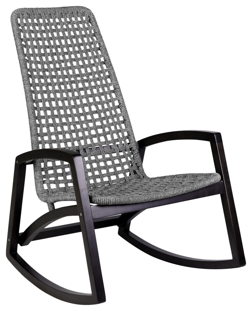 Sequoia Outdoor Patio Rocking Chair, Dark Eucalyptus Wood And Gray Rope ...
