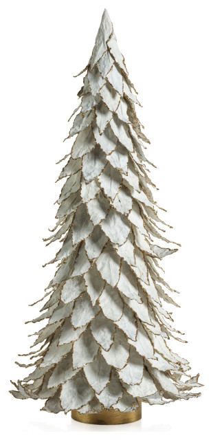 White Natural Leaf Christmas Tabletop Tree With Gold Trim, 22 ...