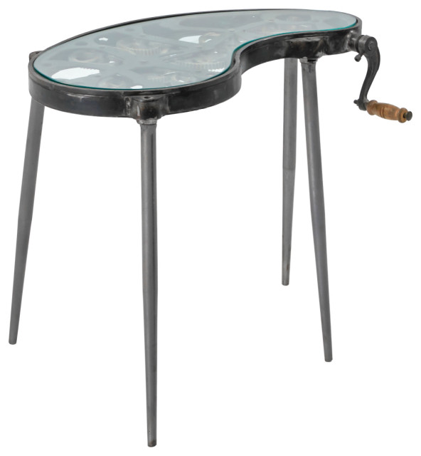 27" Industrial Antiqued Finish Glass Top Moving Gears End Side Table ...