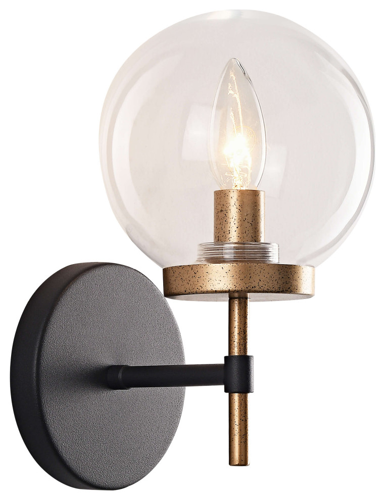 Daisy 1-Light Tumbled Brass and Black Metal Clear Glass Globe Wall ...
