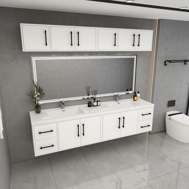 Victoria 84" Double Sink Solid Wood Vanity, Overhead Cabinet - Modern ...