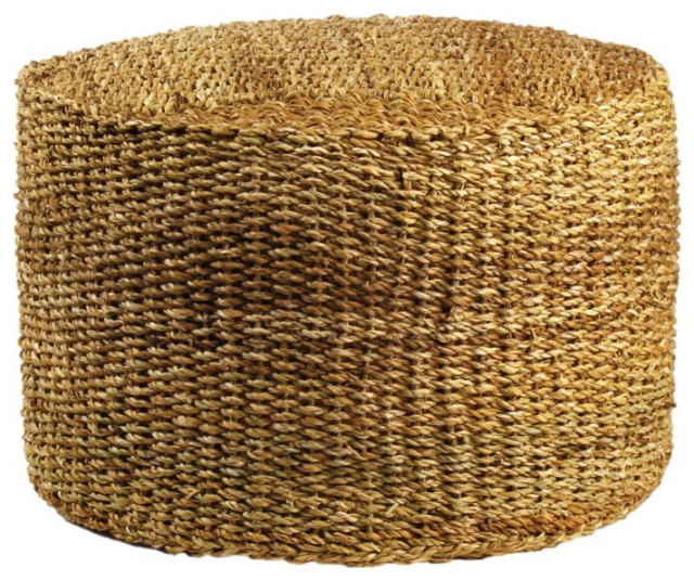 Round Woven Seagrass Curved Pouf Natural Fibers Coastal Cottage Ottoman Table - Beach Style ...