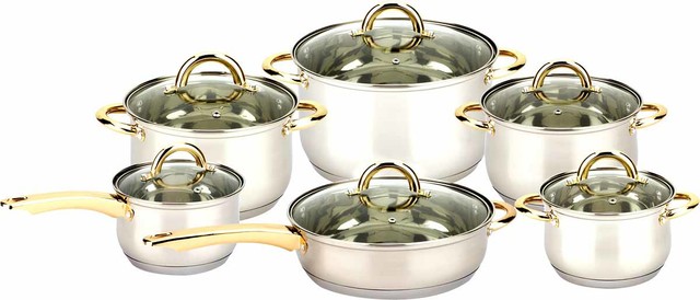 3416 Uniware 12Pieces Stainless Steel Cookware Set With Ss Gold Plated ...
