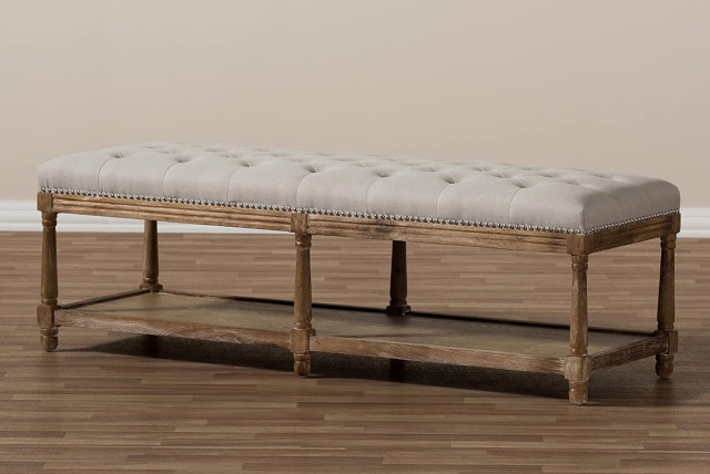 French Country Storage Bench, Carved Frame & Beige Linen Seat With ...