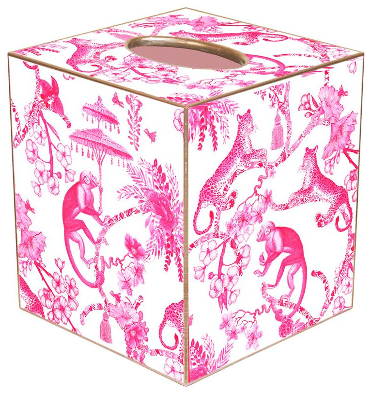 Chic Monkey Chinoiserie Toile Pink Tissue Box Cover, W 5.13" / D 5.13 ...