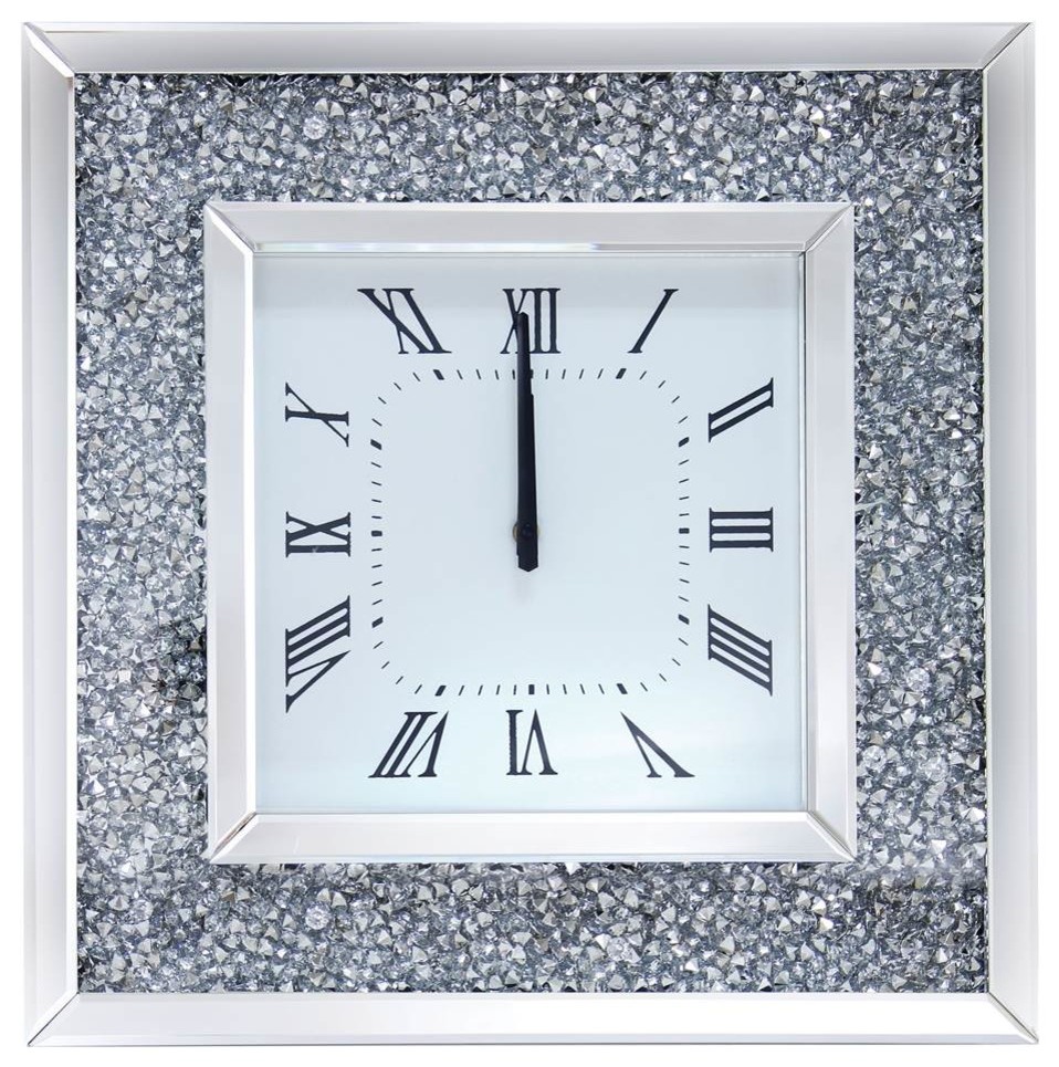 Faux Crystal Inlaid Mirrored Analog Wall Clock with Wooden Backing ...
