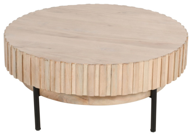 36" Round Coffee Table, Oak White Wood Top With Edges, Black Iron Legs ...