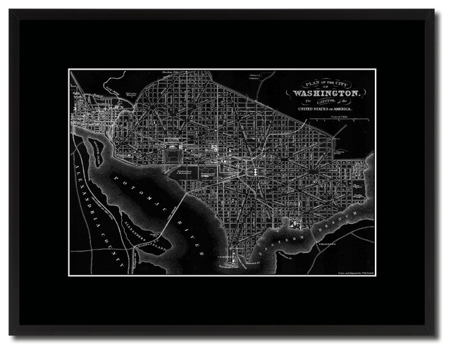 Washington Dc Vintage Monochrome Map Canvas, 16"x21" - Contemporary ...