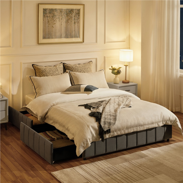 Modern Platform Bed, Channel Tufted Upholstery & Side Storage Drawers ...