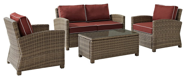 4 Pieces Patio Set, Wicker Loveseat and Chairs With Comfortable Sangria ...