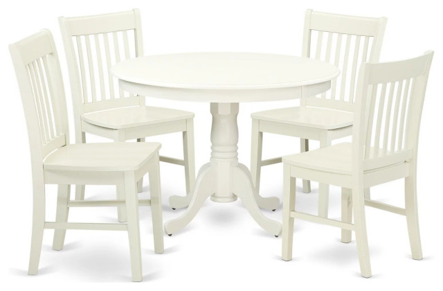 Dining Set, 4 Slatted Back Chairs & Pedestal Table With Thick Round Top ...
