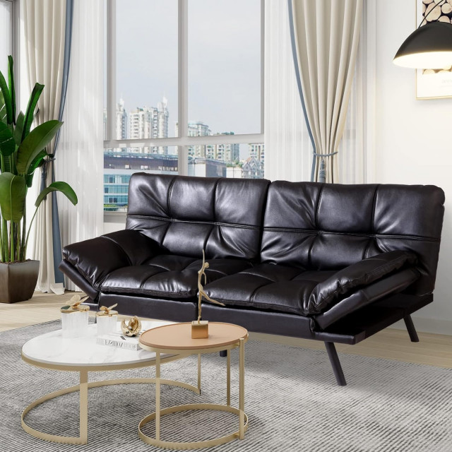 Modern Futon, Stitched Faux Leather Seat & 4 Angled Adjustable Armrests ...
