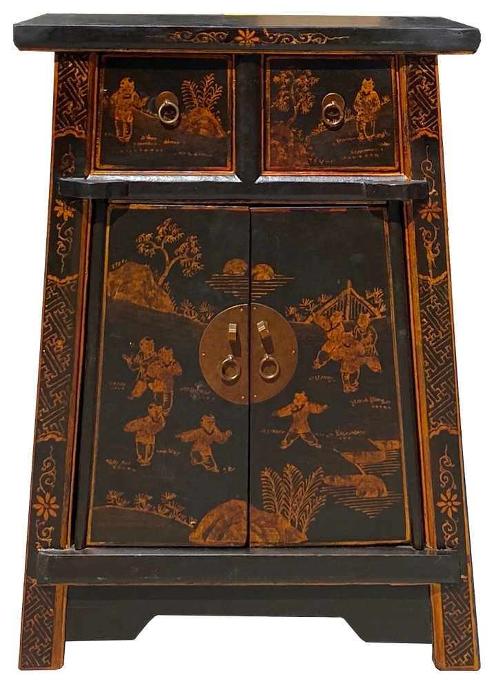 Chinese Rustic Black Copper Graphic End Table Nightstand Hcs7410 ...