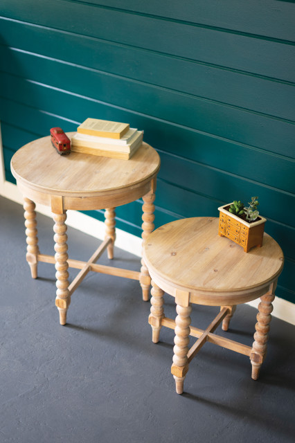 Farmhouse Natural Wood Round Side Table 2-Piece Set - Farmhouse - Side ...