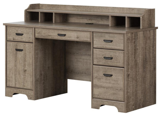 Versa Computer Office Desk with Power Bar, Weathered Oak - Farmhouse ...