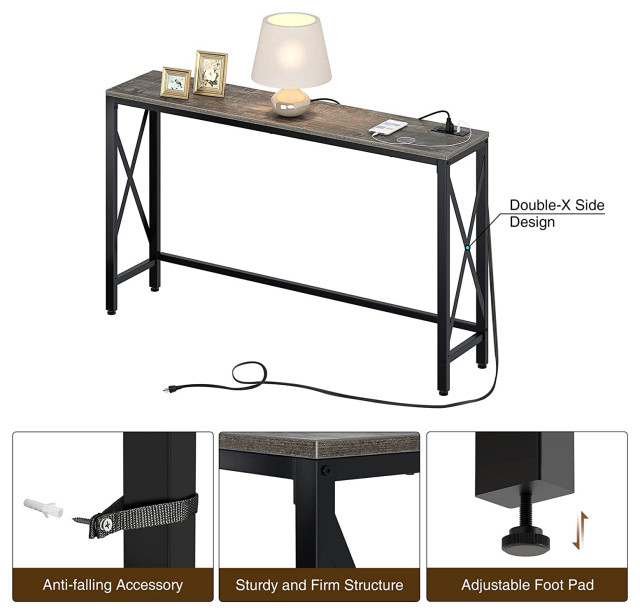 Narrow Console Table with Power Outlet with Metal Frame and Adjustable ...