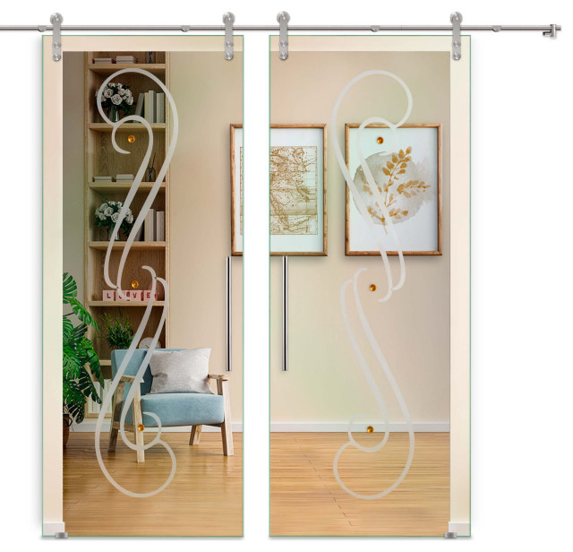 Double Sliding Glass Door Clear With Frosted Design & Faceted Stone ...