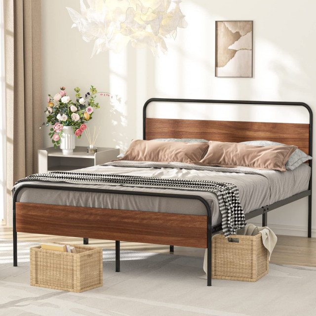 Modern Platform Bed, Metal Frame With Rounded Edges & Wooden Headboard ...