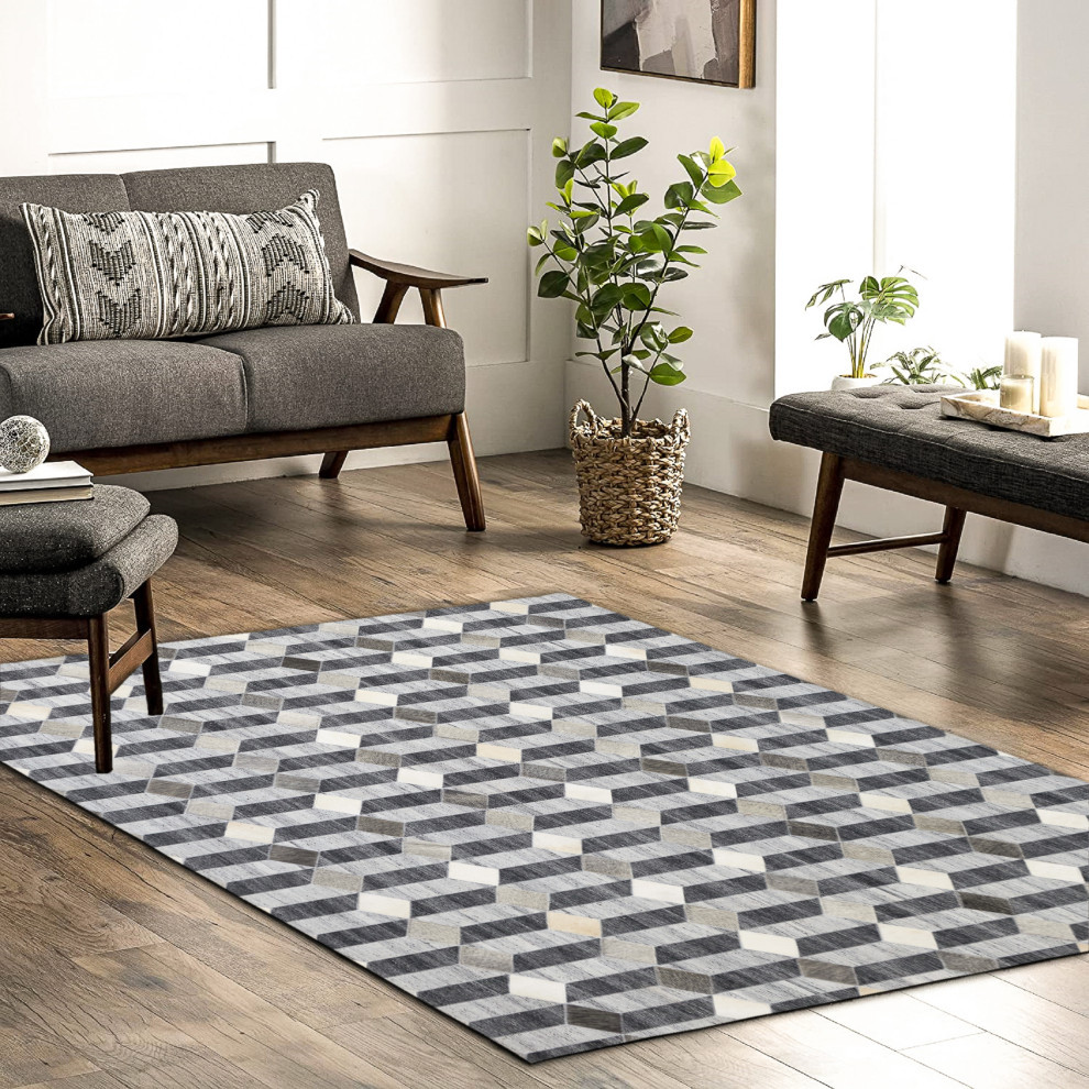 Hand-Stitched Grey and Beige Geometric Cubed Leather Area Rug by Tufty ...