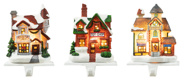 3-Piece Set Lighted Resin House Stocking Holder - Traditional ...