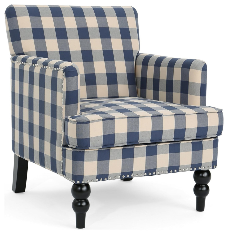 Farmhouse Armchair, Checkerboard Patterned Seat With Nailhead Trim ...