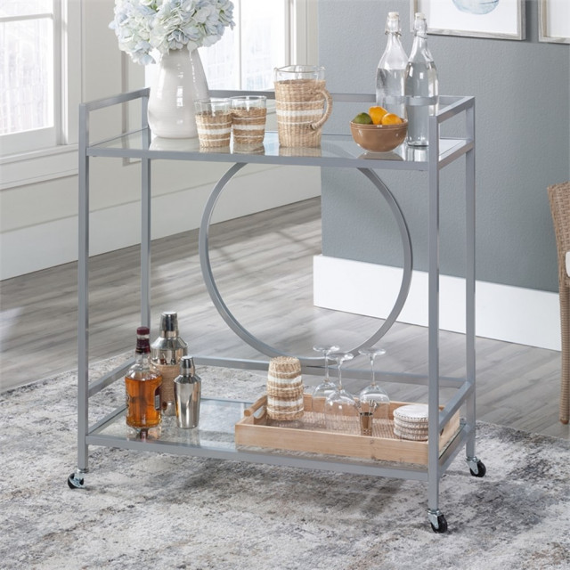 Pemberly Row Contemporary Metal / Glass Bar Cart in Silver Finish ...