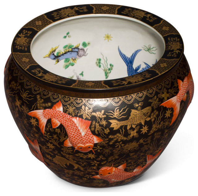16 Inch Porcelain Koi Fish Motif Chinese Fishbowl Planter - Asian ...