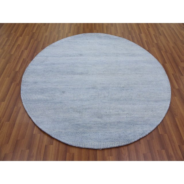 Blue, Wool and Silk Hand Knotted, Modern Grass Design Round Rug, 5'10 ...