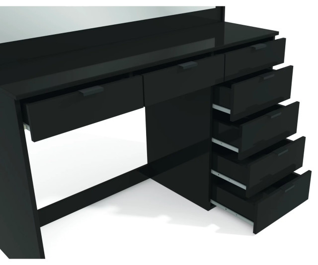 Modern Vanity Table, Lighted Mirror & Drawers With Cut Out Pulls, Black ...