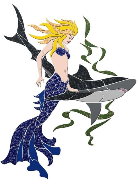Mermaid & Shark Ceramic Swimming Pool Mosaic, 60"x46" - Beach Style ...