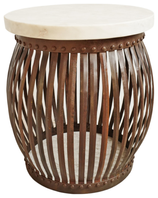 White Marble Iron Strap Barrel Side Table - Industrial - Side Tables ...
