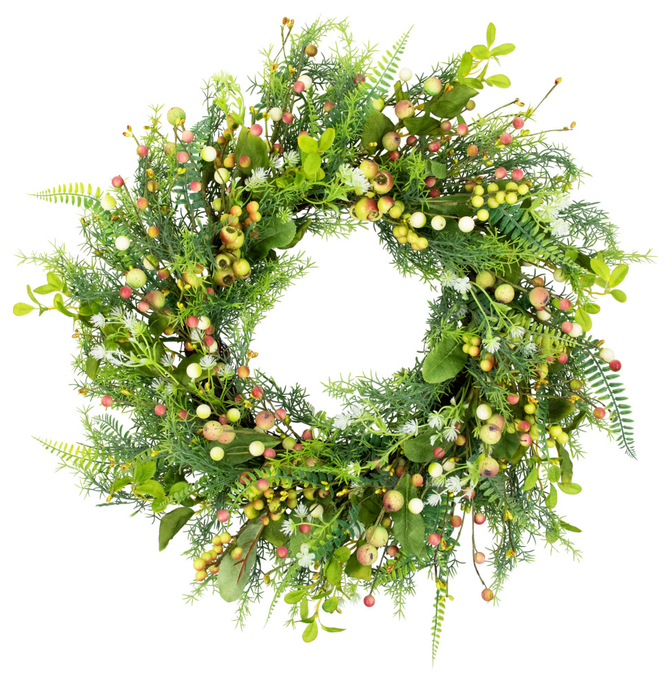 Berry and Crabapple Fern Foliage Spring Wreath 22" - Modern - Wreaths ...