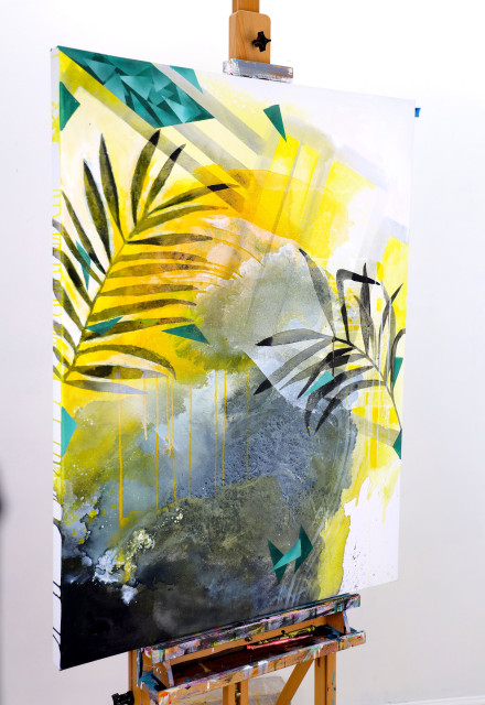 Yellow Abstract landscape painting, plam leaf art, Tropical acrylic ...