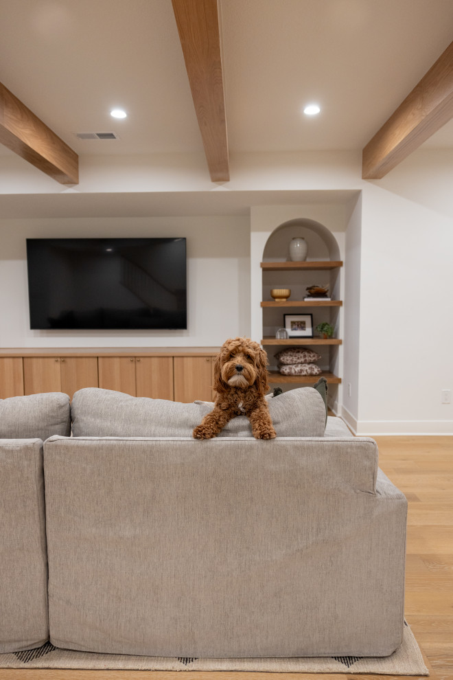 Modern Cozy Basement Remodel with Kings Buff Oak Flooring - Modern ...
