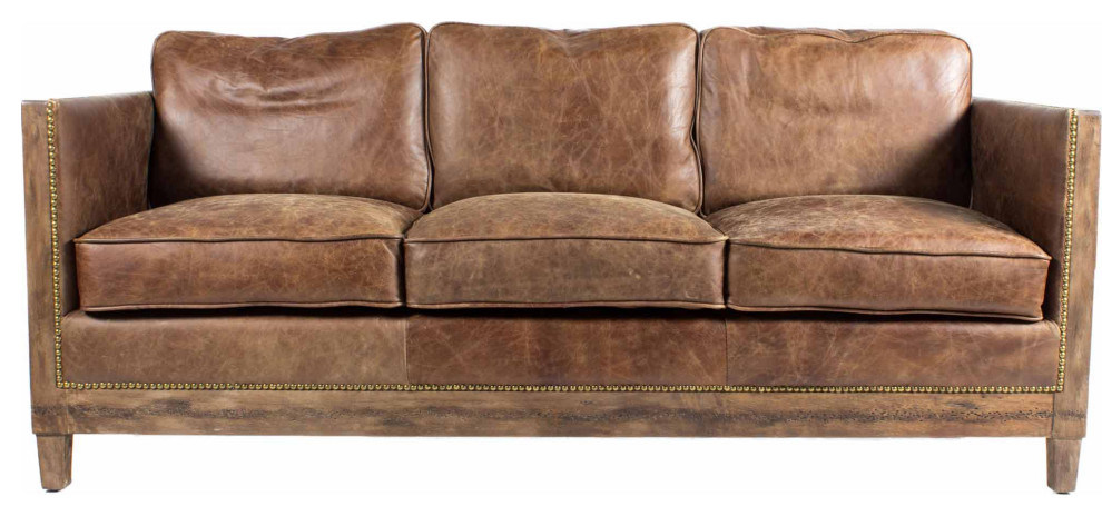 72" Darlington Brown Leather Lawson Sofa Exposed Wood Frame - Rustic ...