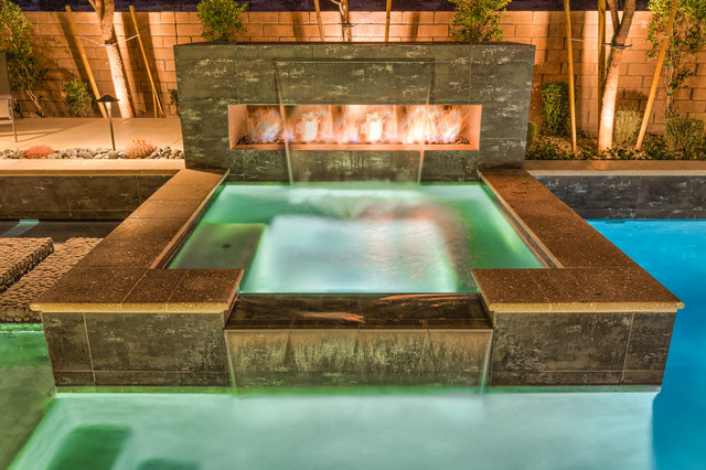 Geometric Pool with Fireplace/Water Feature, Swim Up Bar and sunken BBQ ...