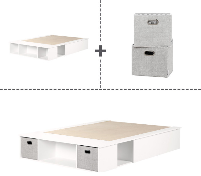Full Platform Bed, Wood Frame With Open Compartment & Storage Bins ...