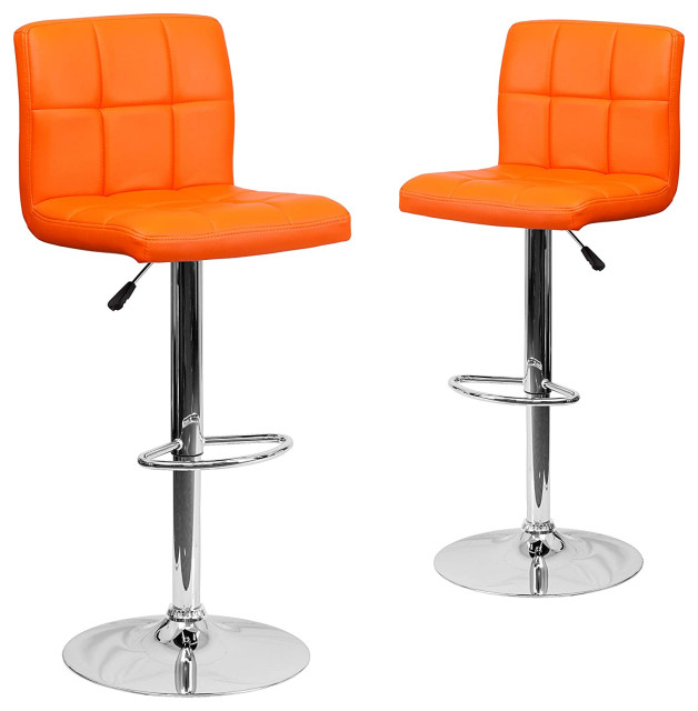 Set of 2 Bar Stool, Chrome Base and Square Tufted Faux Leather Seat ...