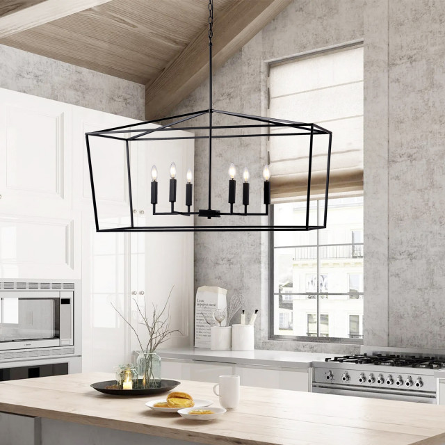 Farmhouse 6-Light Rectangular Kitchen Island Chandelier Over Table ...