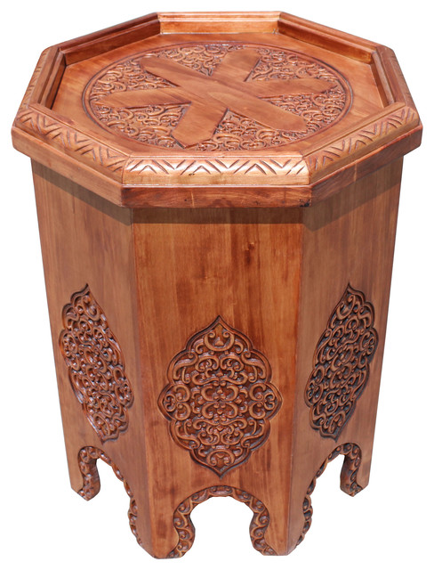 Octagon Floral Relief Carving Side End Table - Mediterranean - Side ...