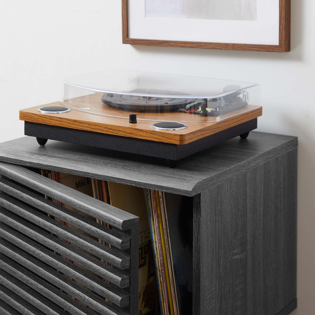 Vinyl Record Side Table Cabinet Stand, Charcoal Wood, Mid Century ...