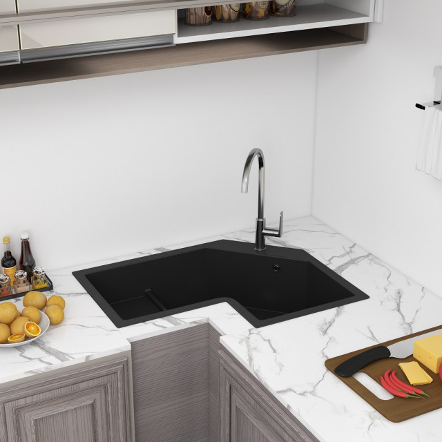 32" Modern Black Drop In Corner Kitchen Sink Single Bowl Quartz ...