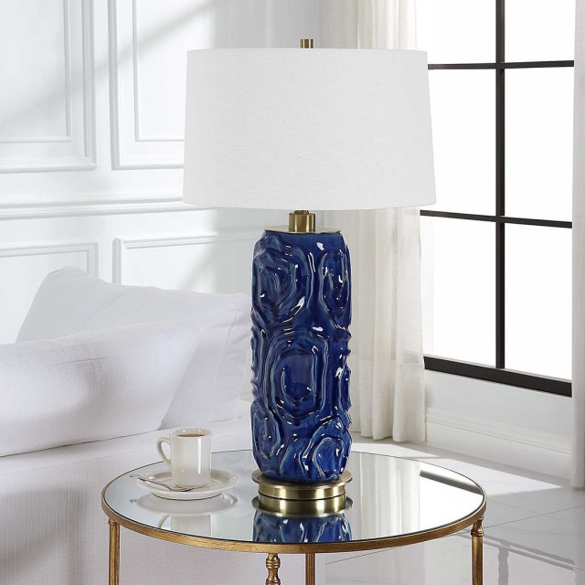 Luxe Dark Blue Spiral Scroll Sculpture Table Lamp Organic Rose Modern ...