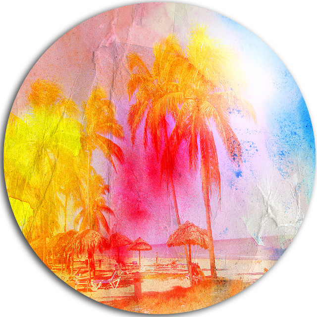 Retro Palms Yellow Watercolor, Trees Painting Disc Metal Artwork, Disc ...