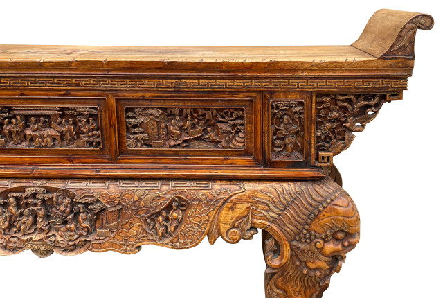 Chinese Vintage Opera Scenery Lion Heads Carving Long Altar Console ...