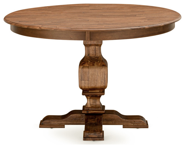 Round Dining Table, Rustic Rubberwood Table, Distressed Jacobean Finish ...
